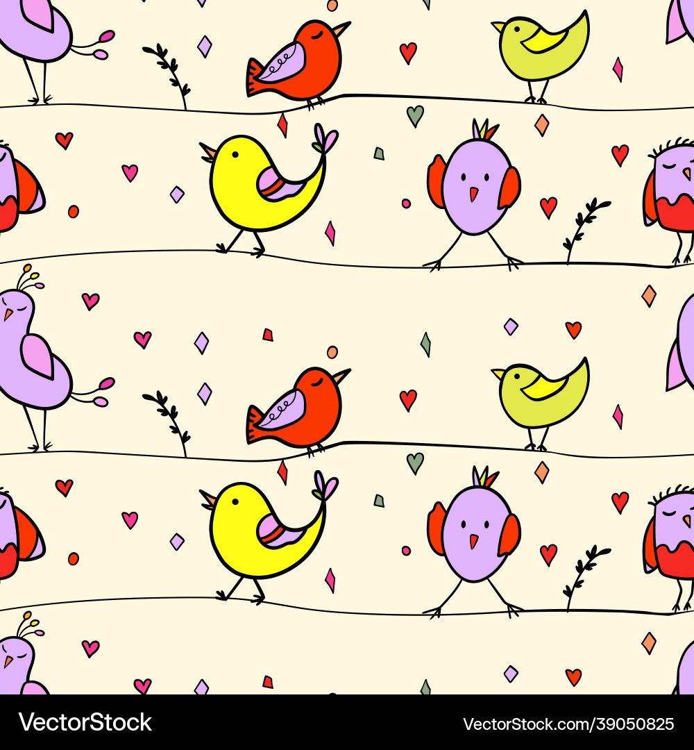 Seamless pattern with funny colorful birds sitting