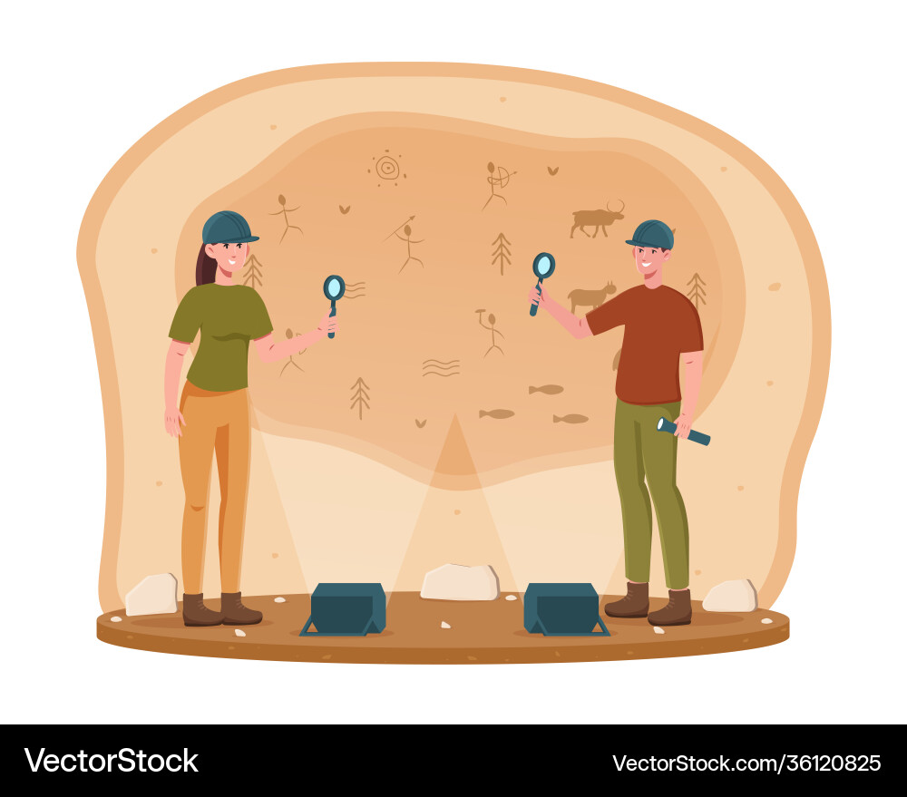 Two young archeological discovering cave paintings