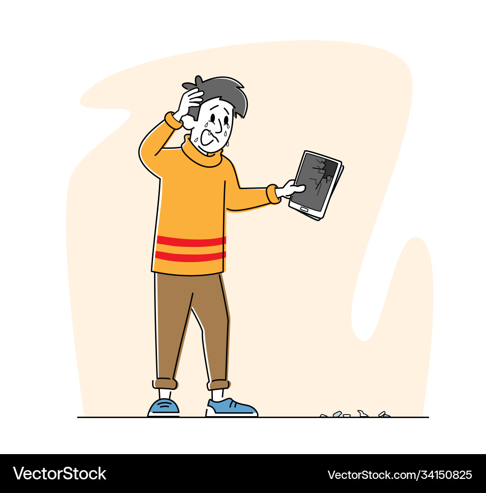 Upset male character holding broken tablet Vector Image