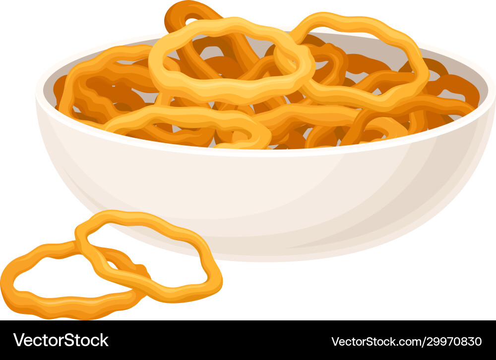 Crunchy deep fried onion rings in ceramic bowl Vector Image