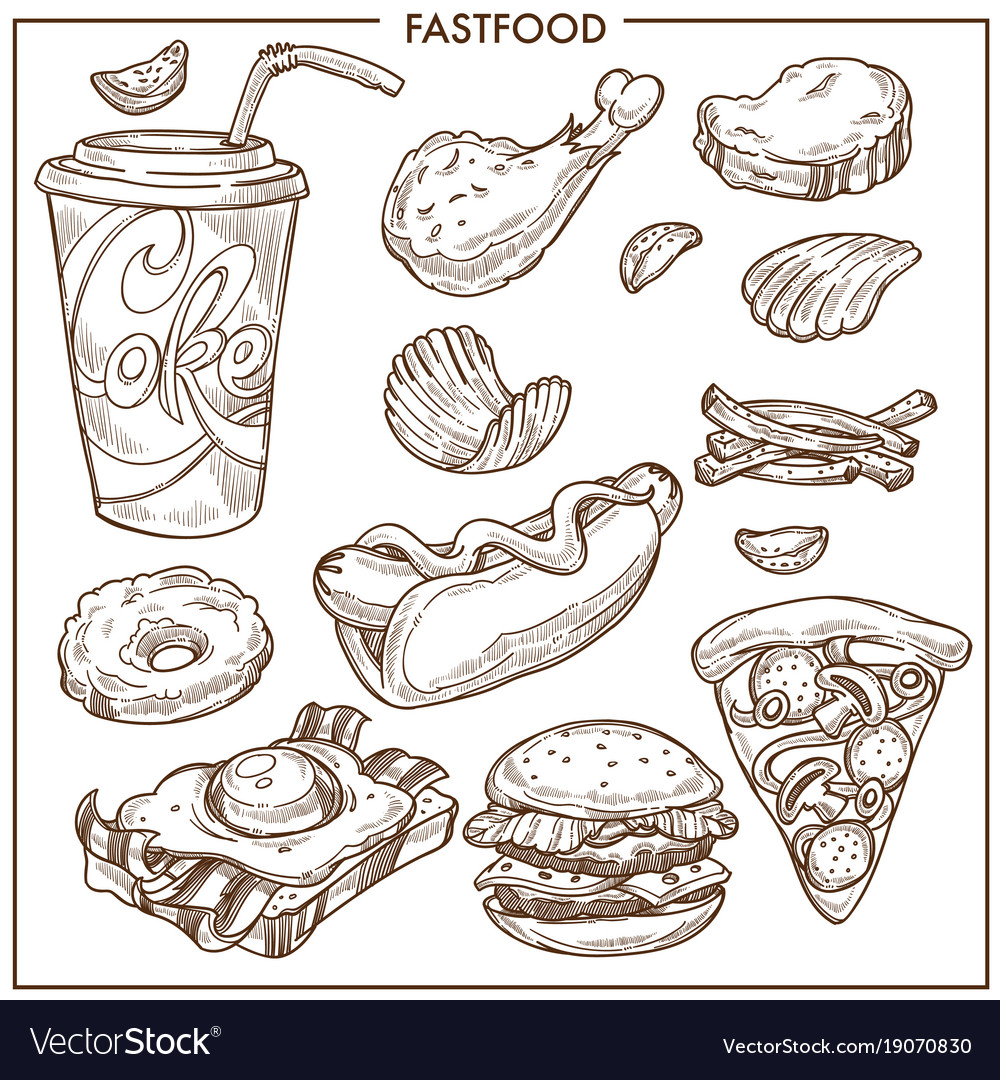 Fast food sketch icons burgers pizza Royalty Free Vector Fast food sketch icons burgers pizza Royalty Free Vector