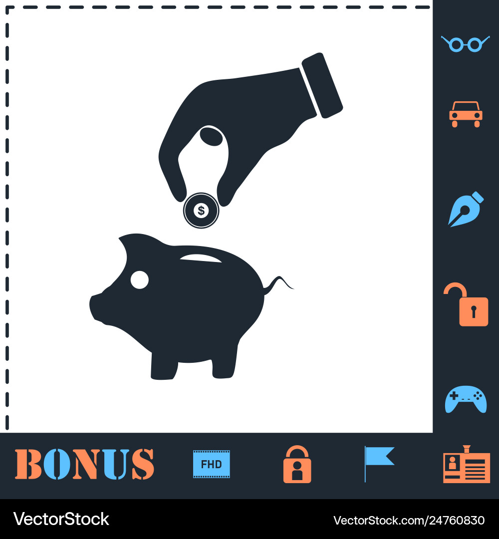 Hand pick down coin into pig money box icon flat Vector Image