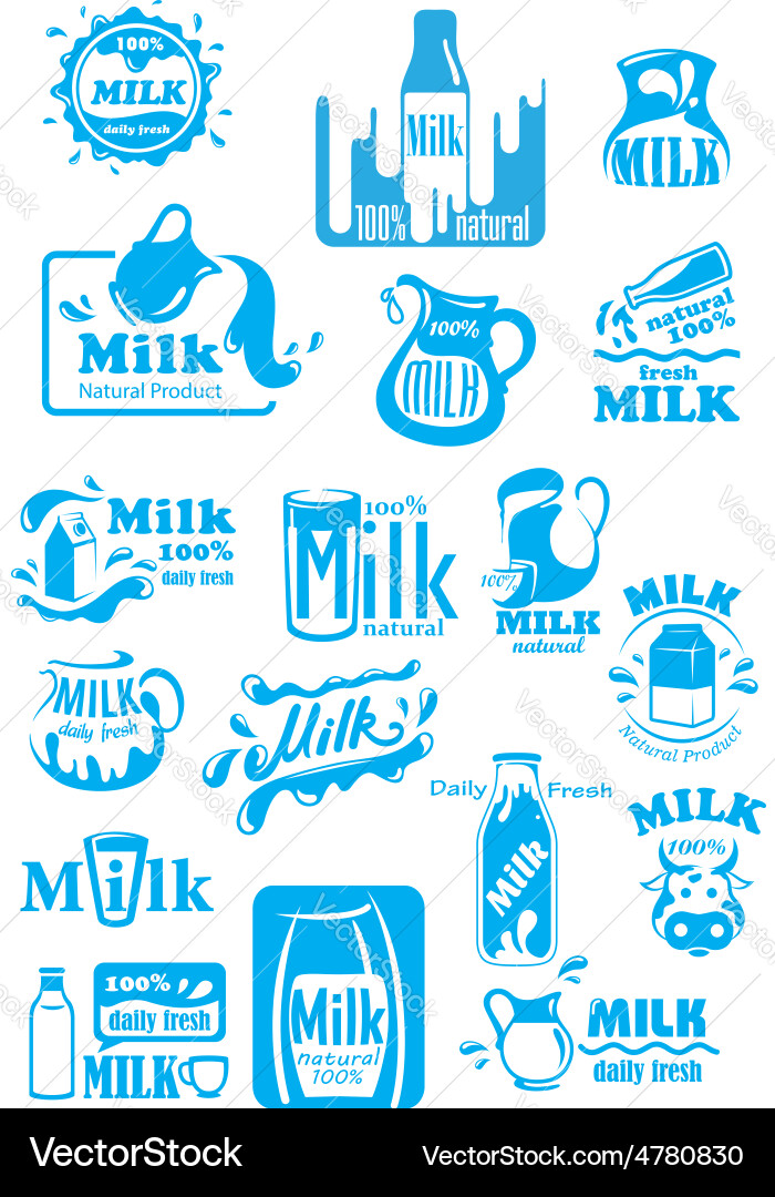 Milk blue labels and icons with splashes Vector Image