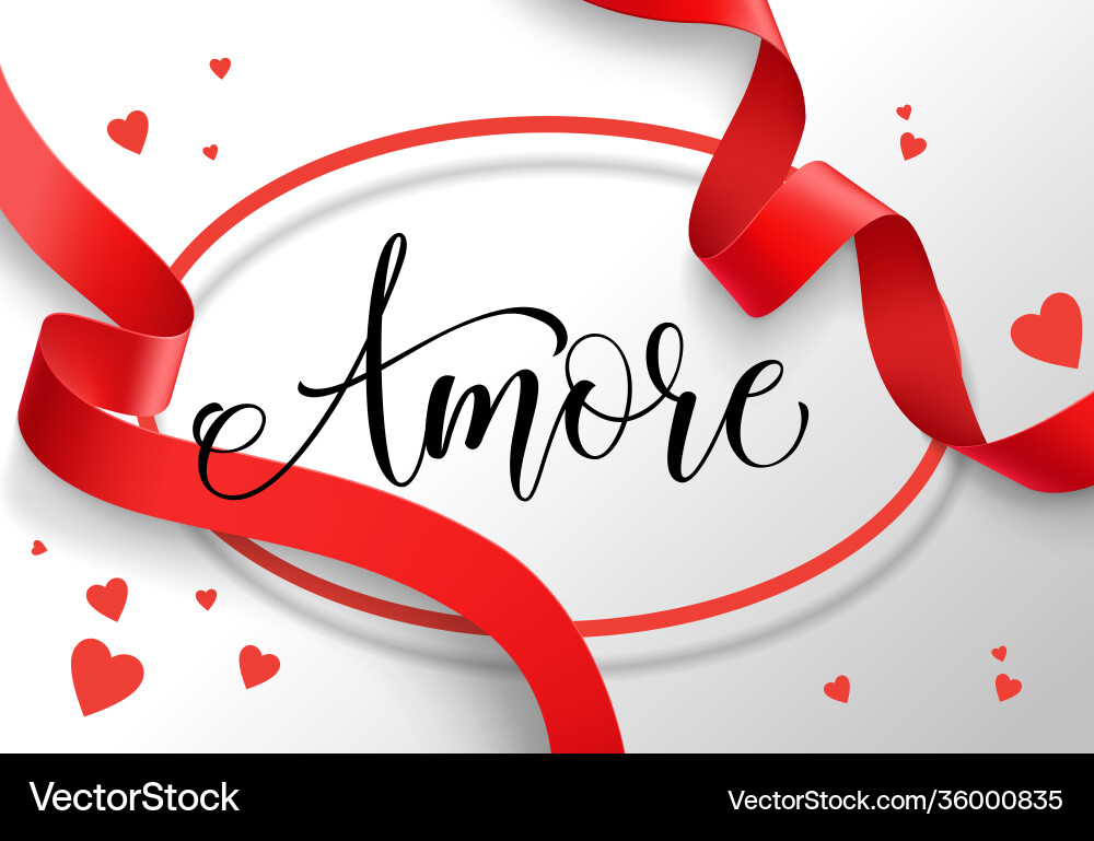 Amore lettering in oval frame with red ribbon Vector Image