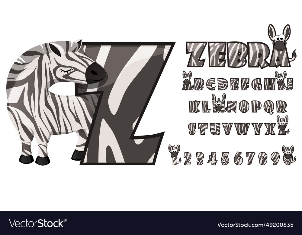 Cute zebra set of full alphabet and zebra numbers Vector Image