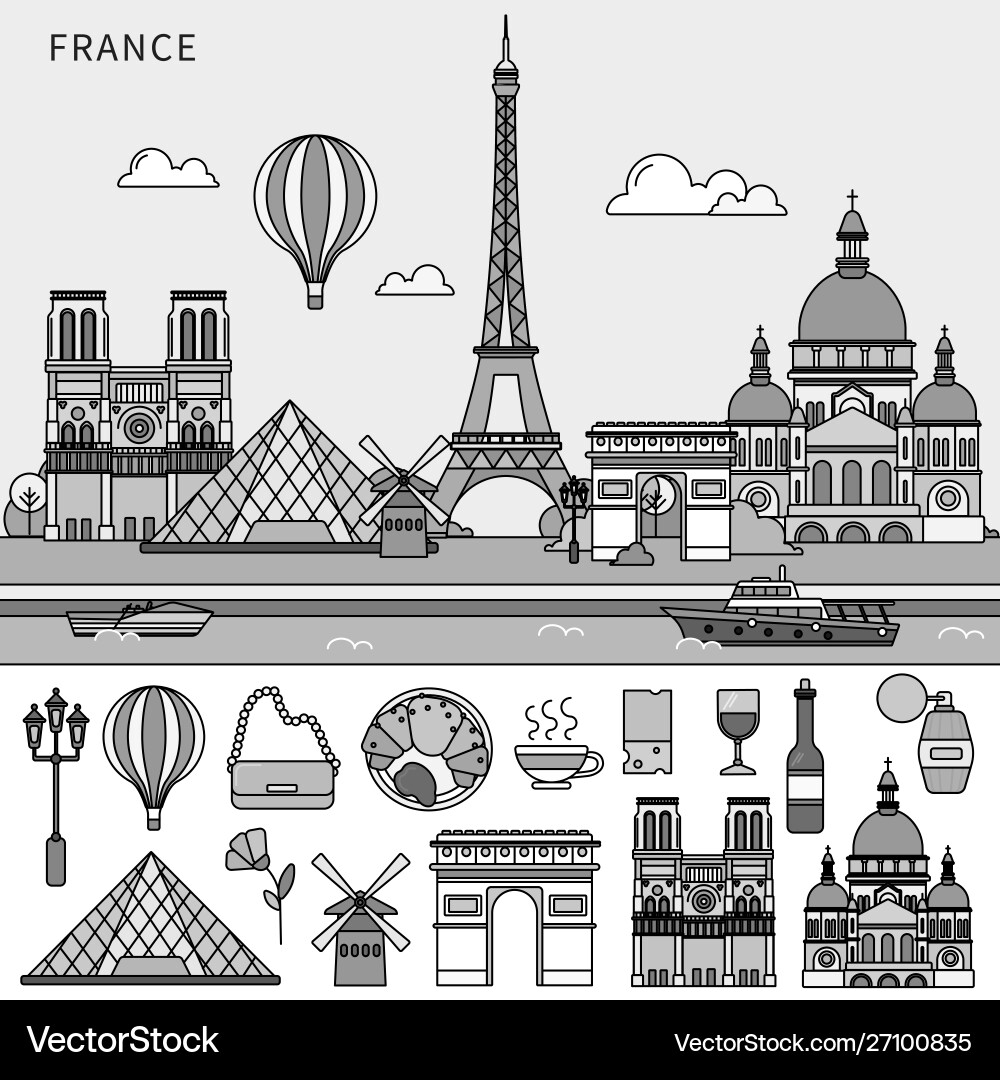 French symbols and sights flat line Royalty Free Vector
