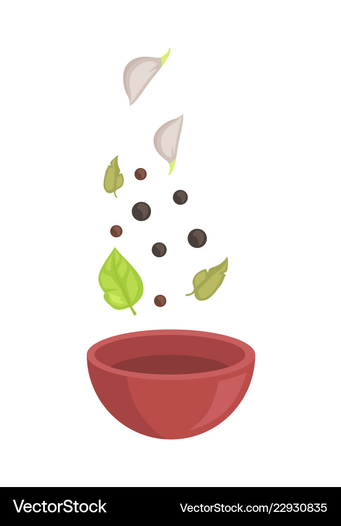 Spice falling down into wood bowl badge Royalty Free Vector