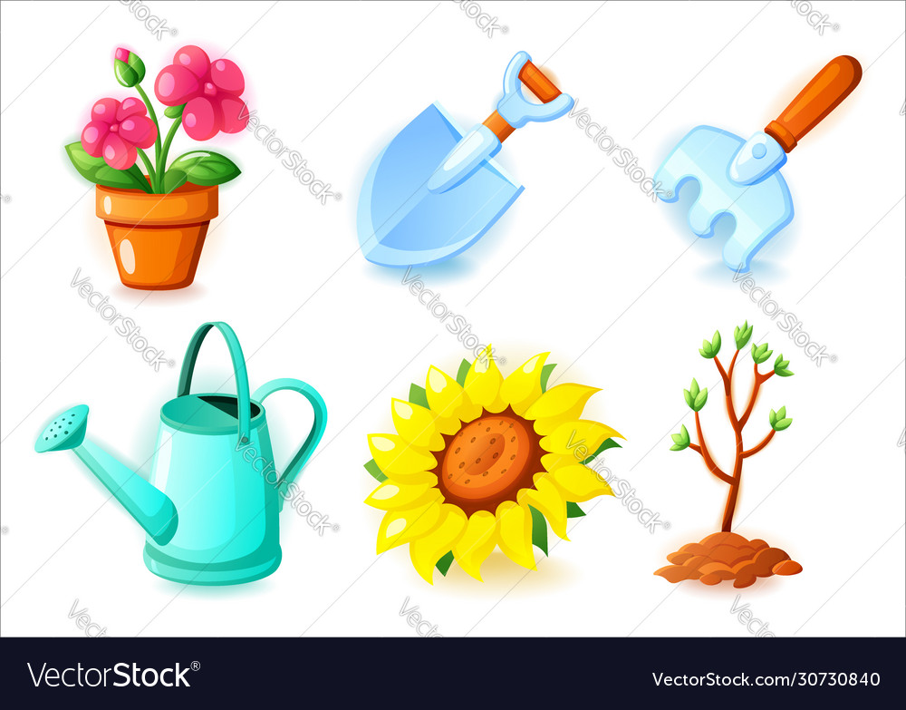 Gardening icons set - flower pot shovel rake Vector Image