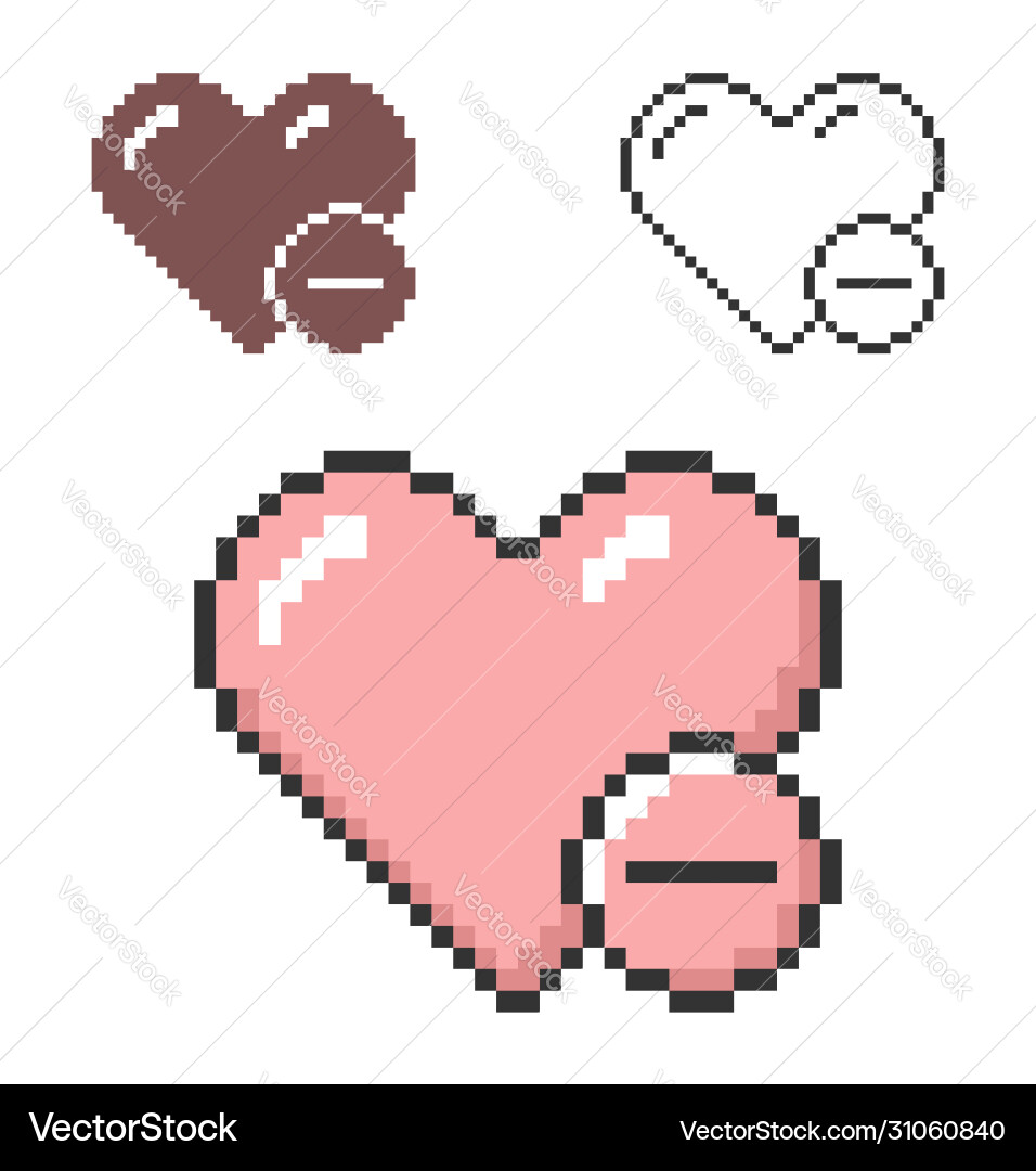 Pixel icon heart with minus sign remove from Vector Image