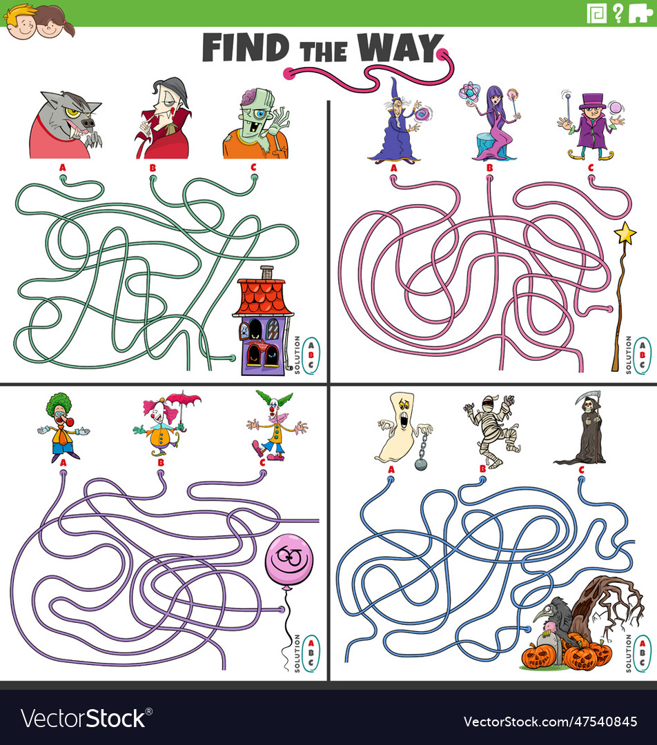 Find the way maze games set with cartoon Vector Image