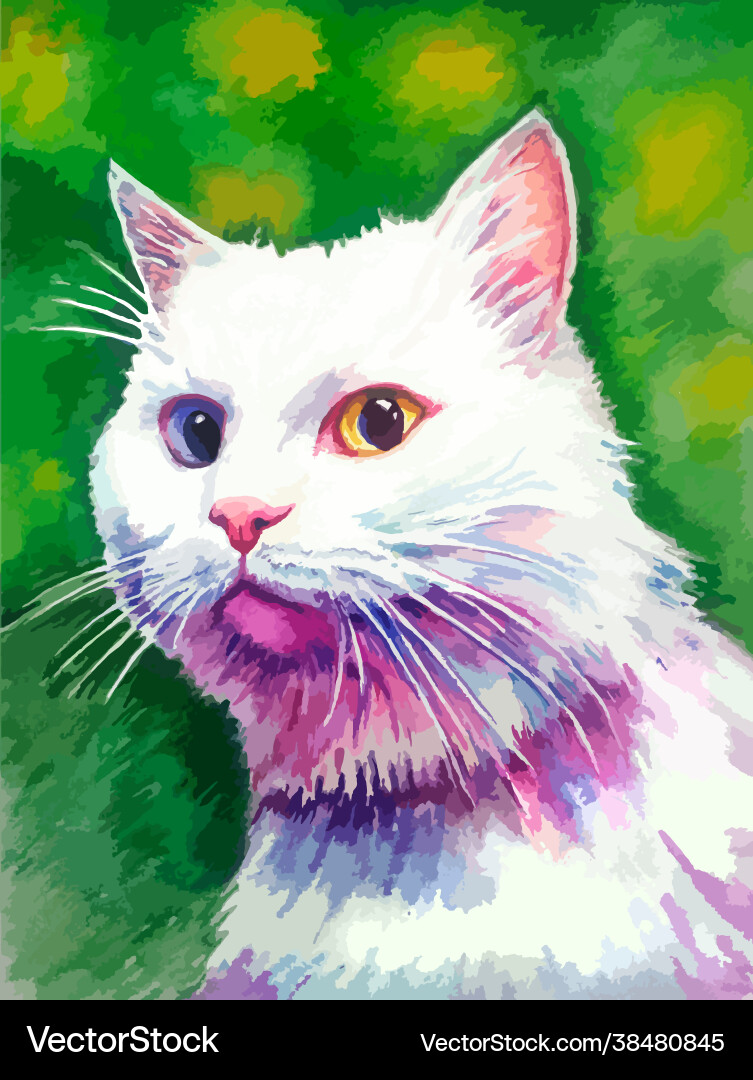 White cat portrait watercolor drawing Royalty Free Vector