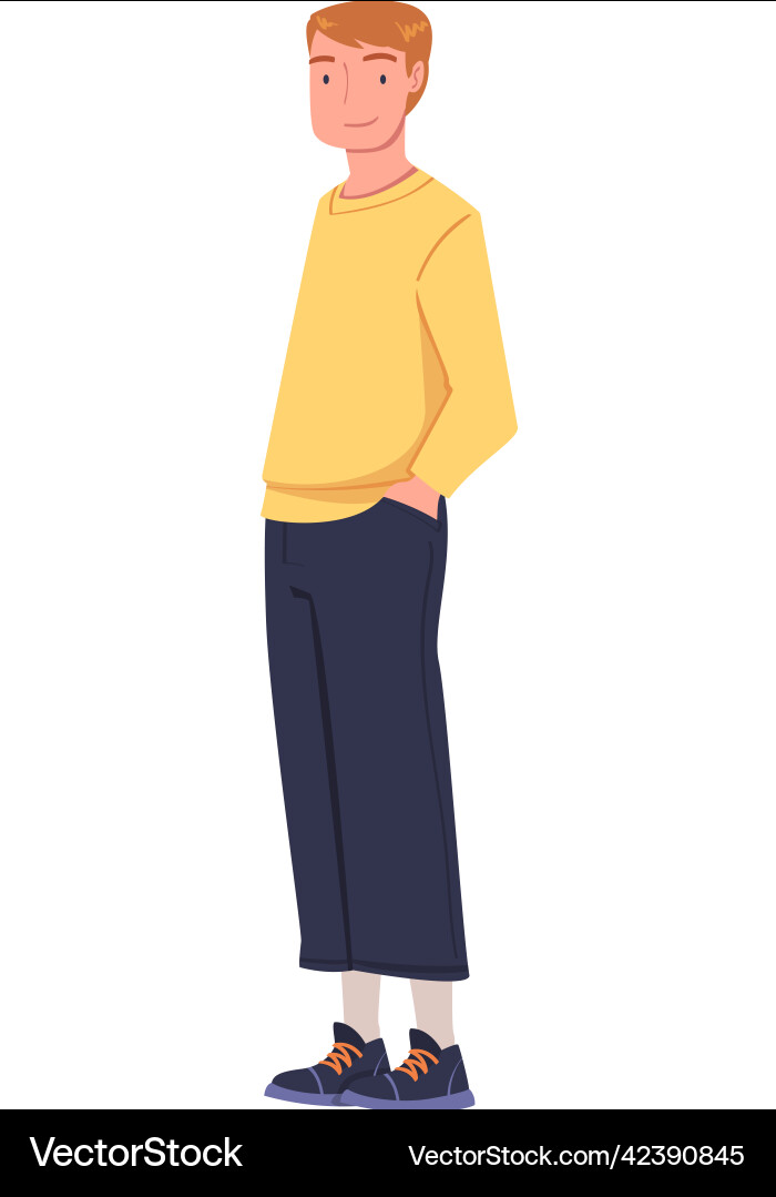 Young smiling man with hands in pocket standing Vector Image