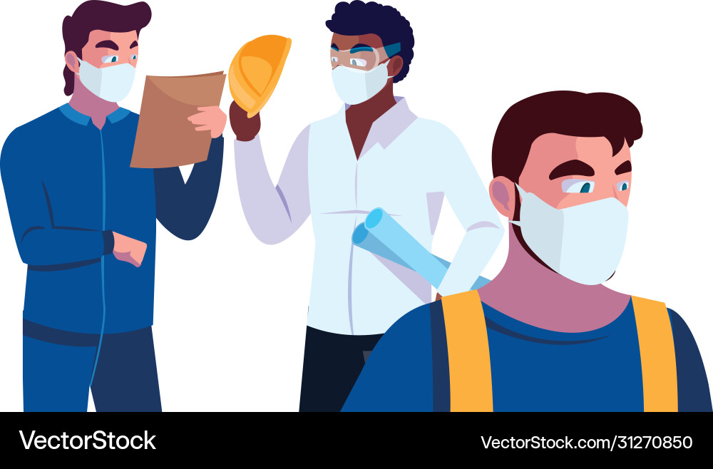Male engineers wearing face masks Royalty Free Vector Image