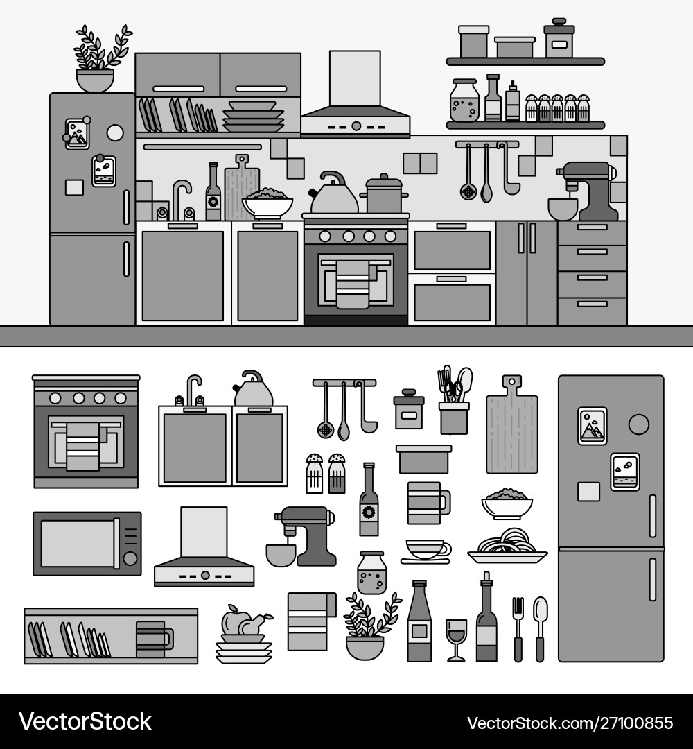 Kitchen interior with modern furniture line Vector Image