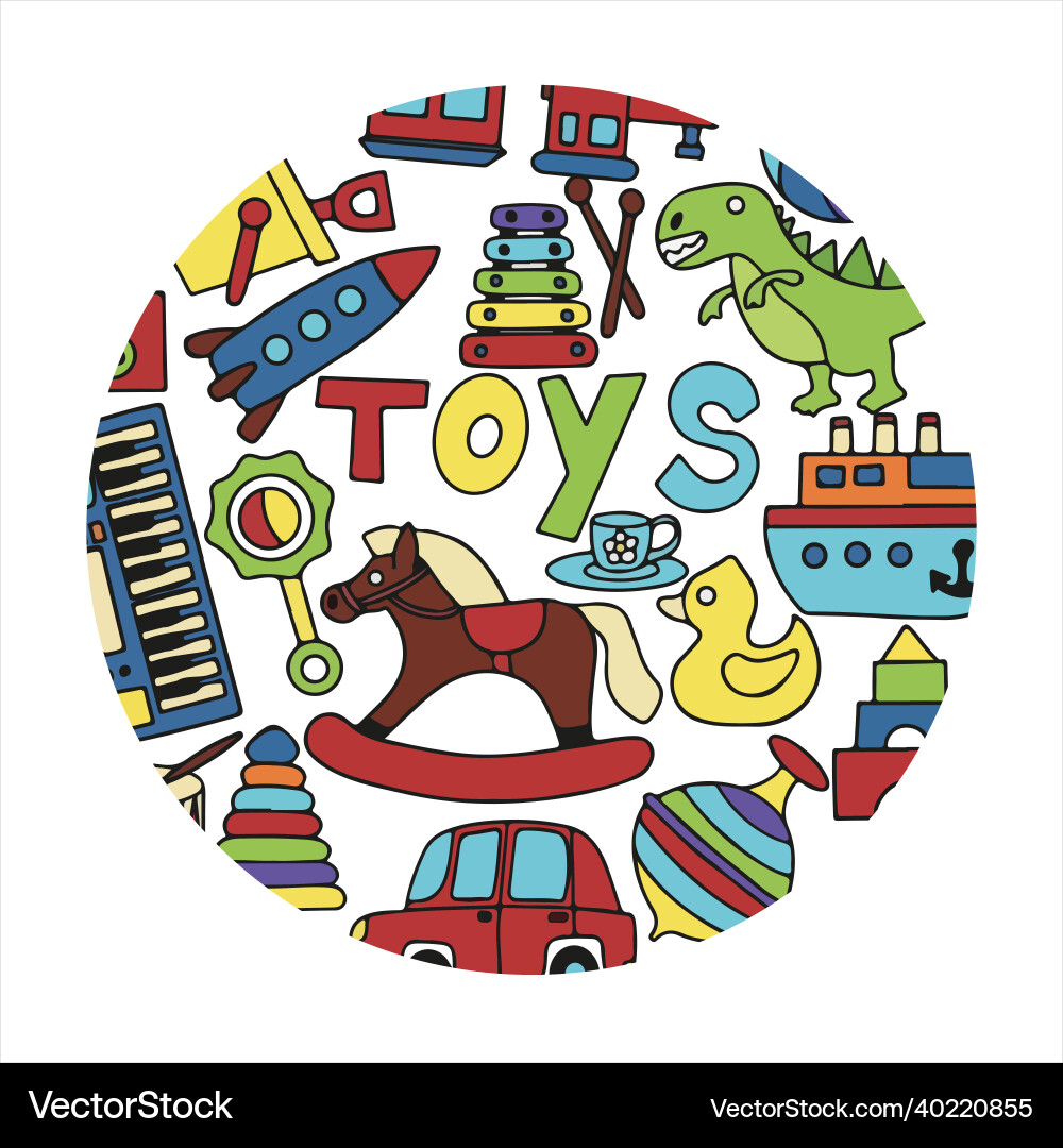 Toys doodle stickers set hand draw Royalty Free Vector Image