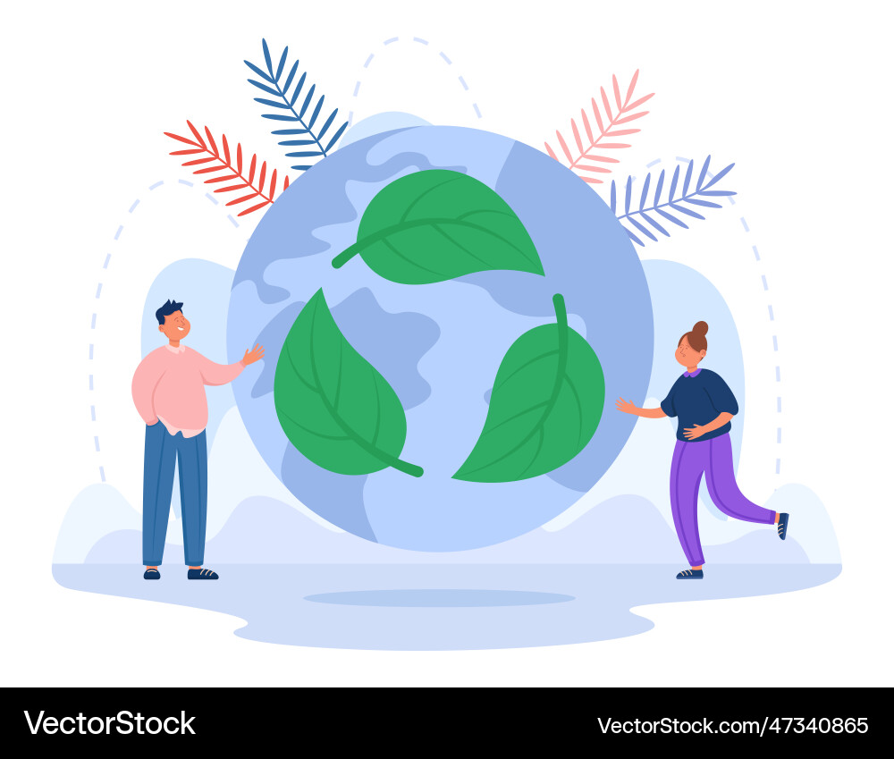 Cartoon characters next to globe with recycle Vector Image