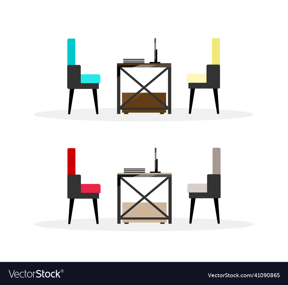 Computer table with chairs flat color objects set Vector Image