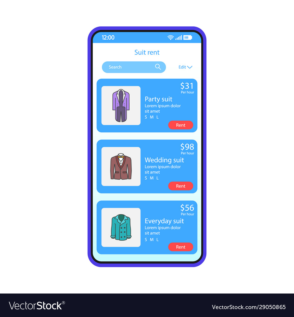 Suit rent application smartphone interface Vector Image Suit rent application smartphone interface Vector Image