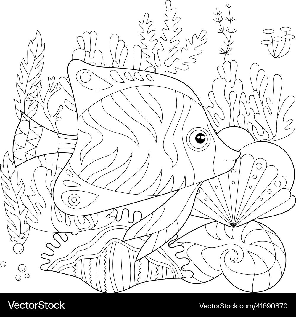 Contour linear fish seaweeds and ocean corals Vector Image