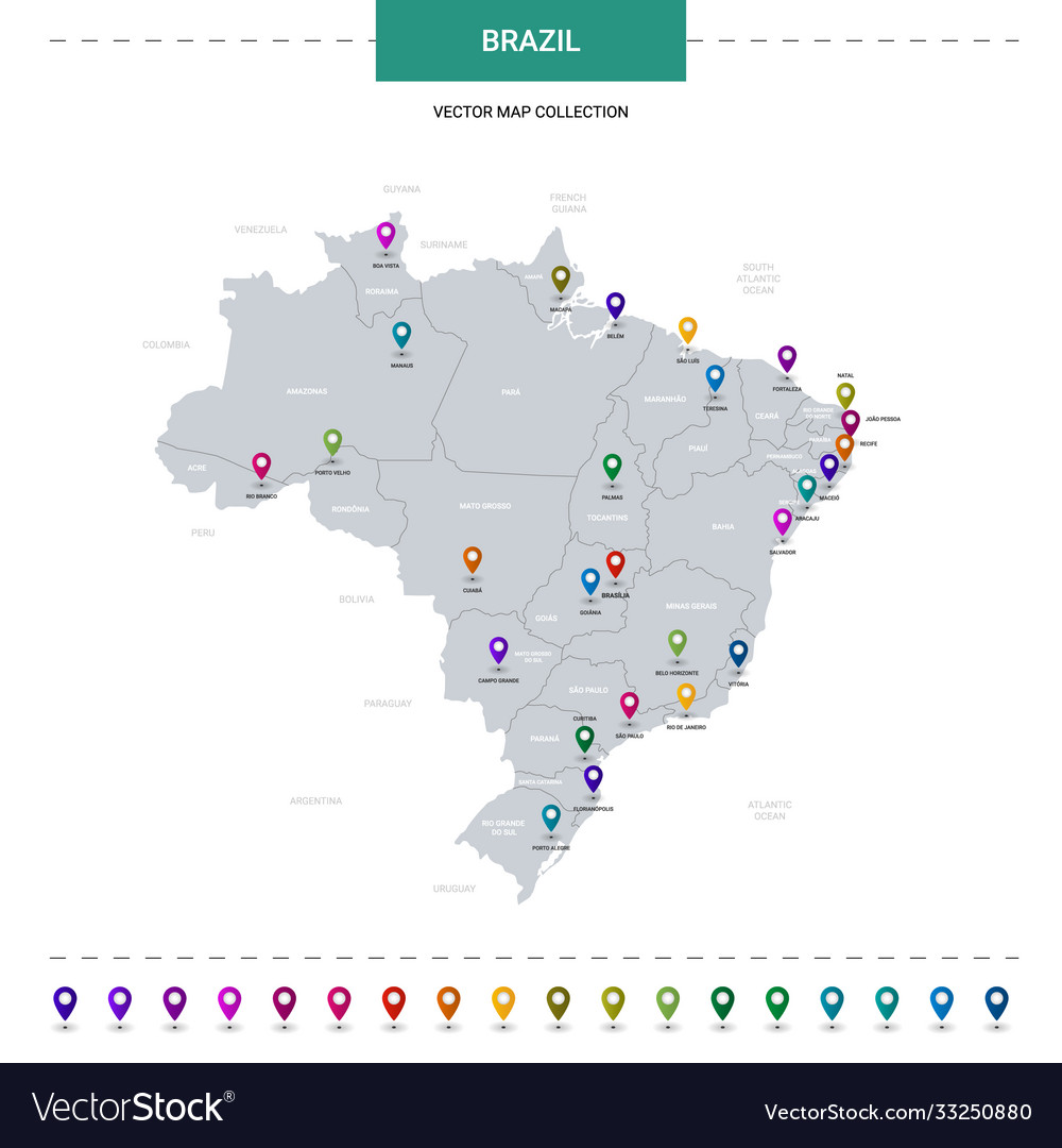 Brazil map with location pointer marks Royalty Free Vector