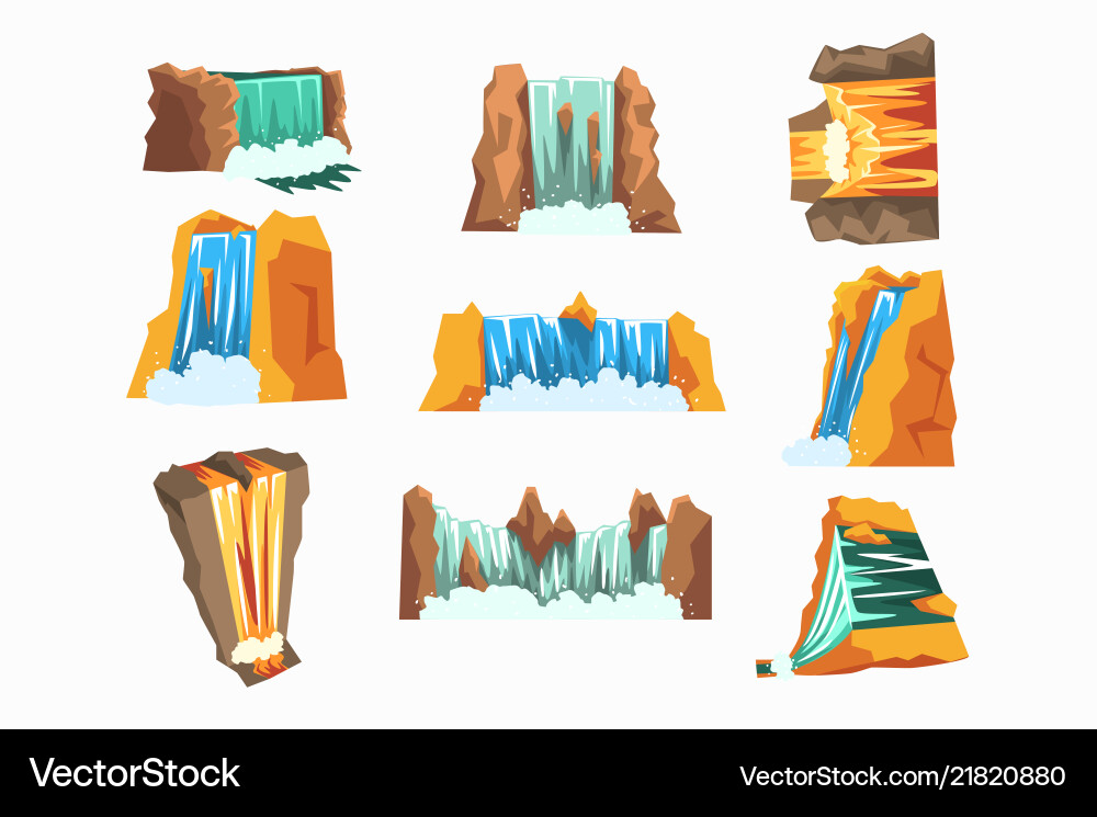 Waterfalls set cascading streams of various shape Vector Image