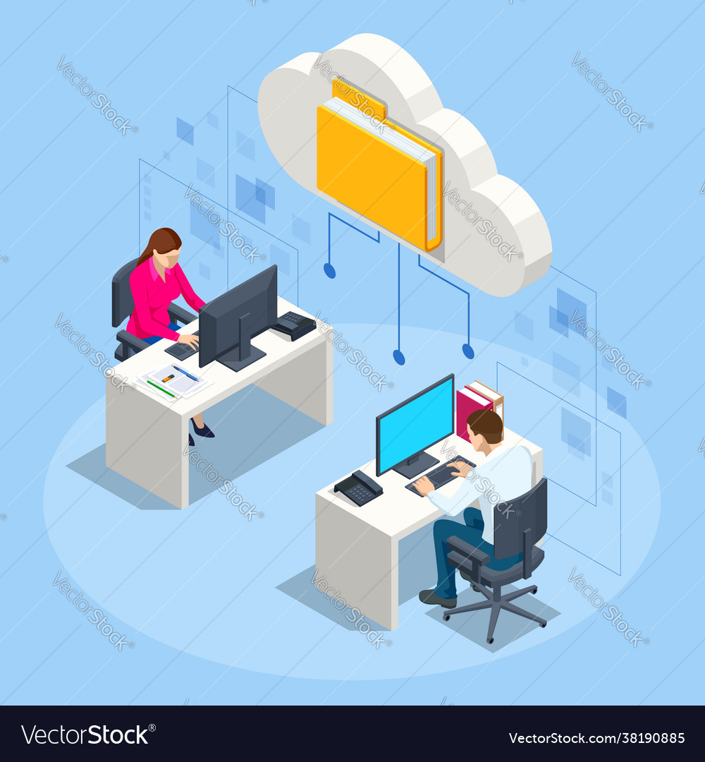 Isometric cloud technology people working from Vector Image Isometric cloud technology people working from Vector Image