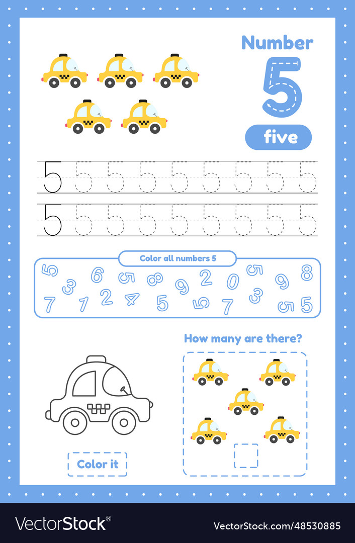 Learning numbers number 5 trace color count Vector Image