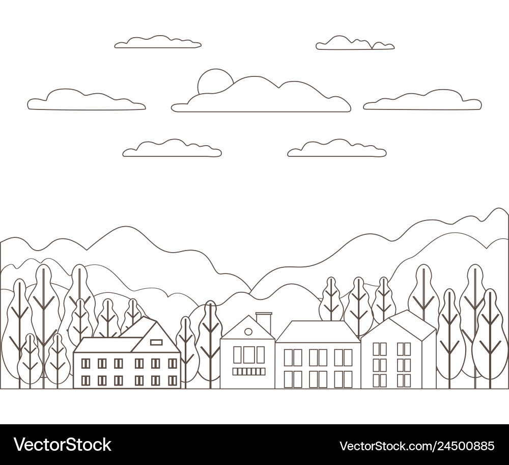 Thin line outline landscape rural farm panorama Vector Image