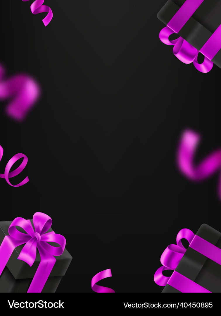 Black boxes with violet ribbons 3d style banner Vector Image