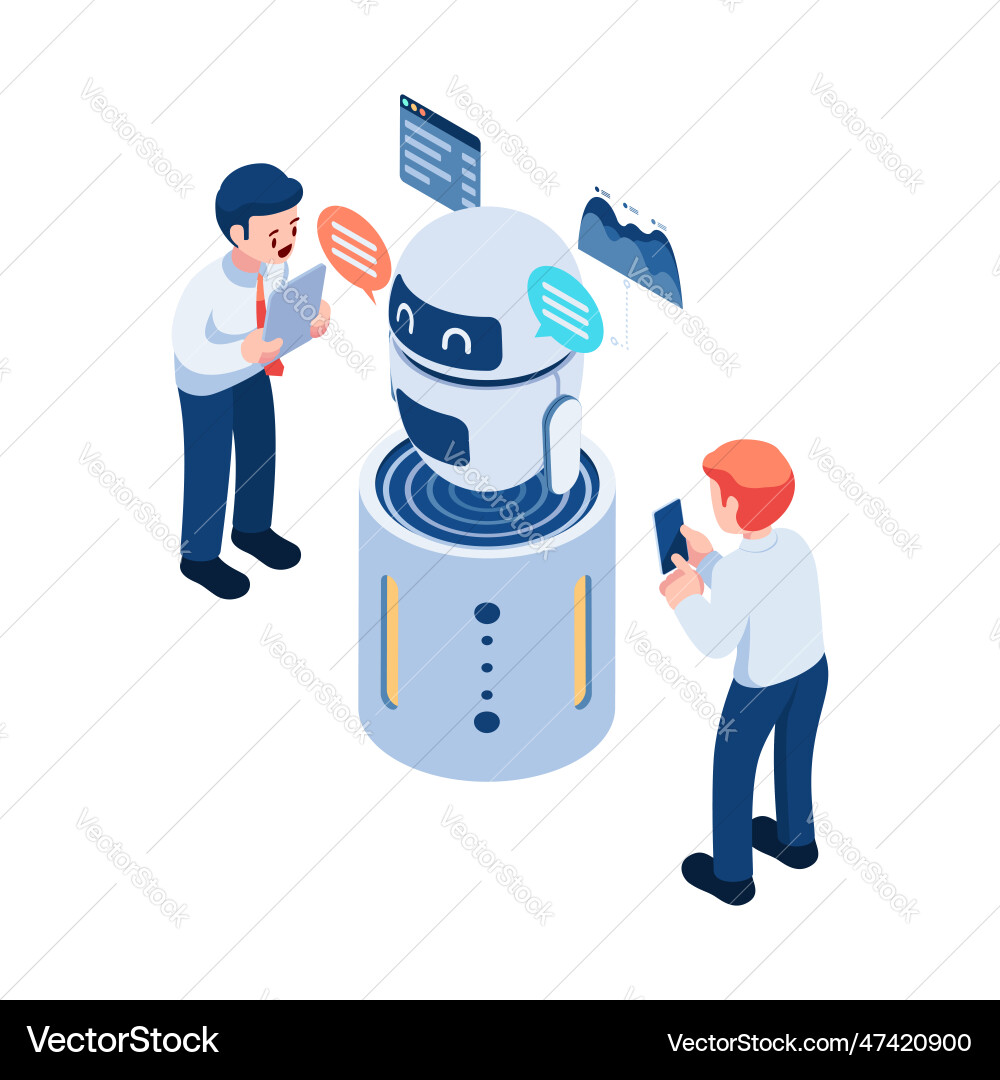 Isometric businessman use ai or artificial Vector Image