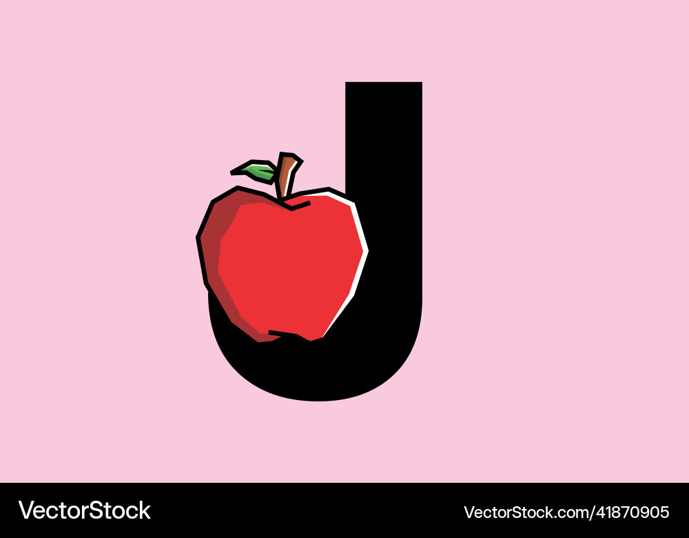 J initial letter with red apple in stiff art style