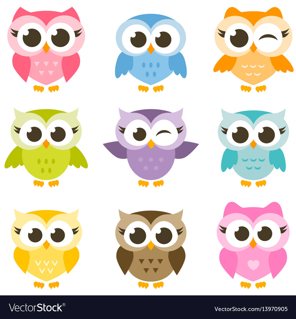 Set cute colorful owls isolated on white Vector Image