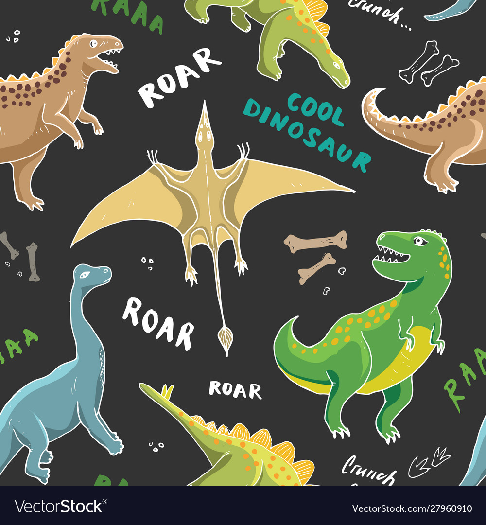 Dino seamless pattern cute cartoon hand drawn Vector Image