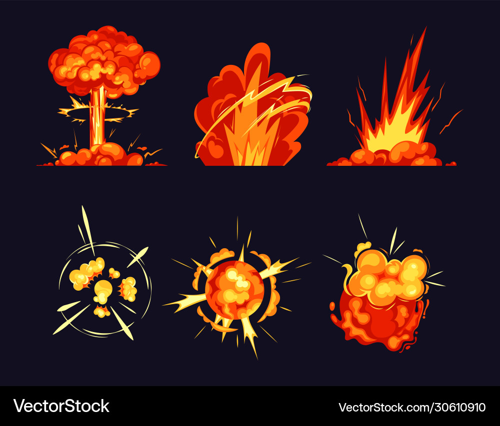 Explosion bursts fire flame bangs and booms icons Vector Image