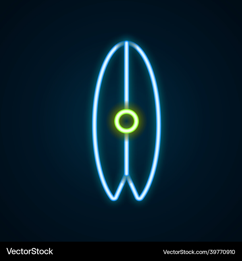 Glowing neon line surfboard icon isolated on black