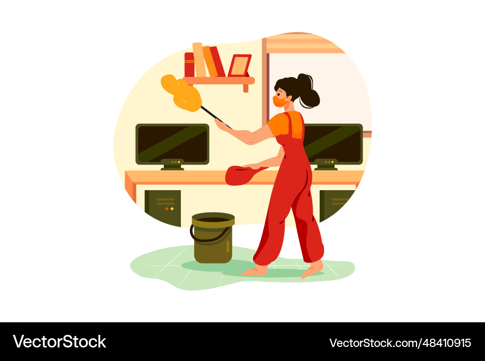 Cleaning worker cleans the office with feather Vector Image