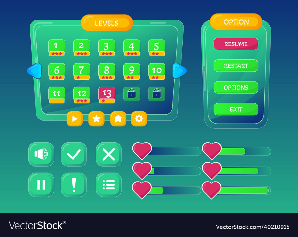 Complete set of level button game pop-up icon Vector Image