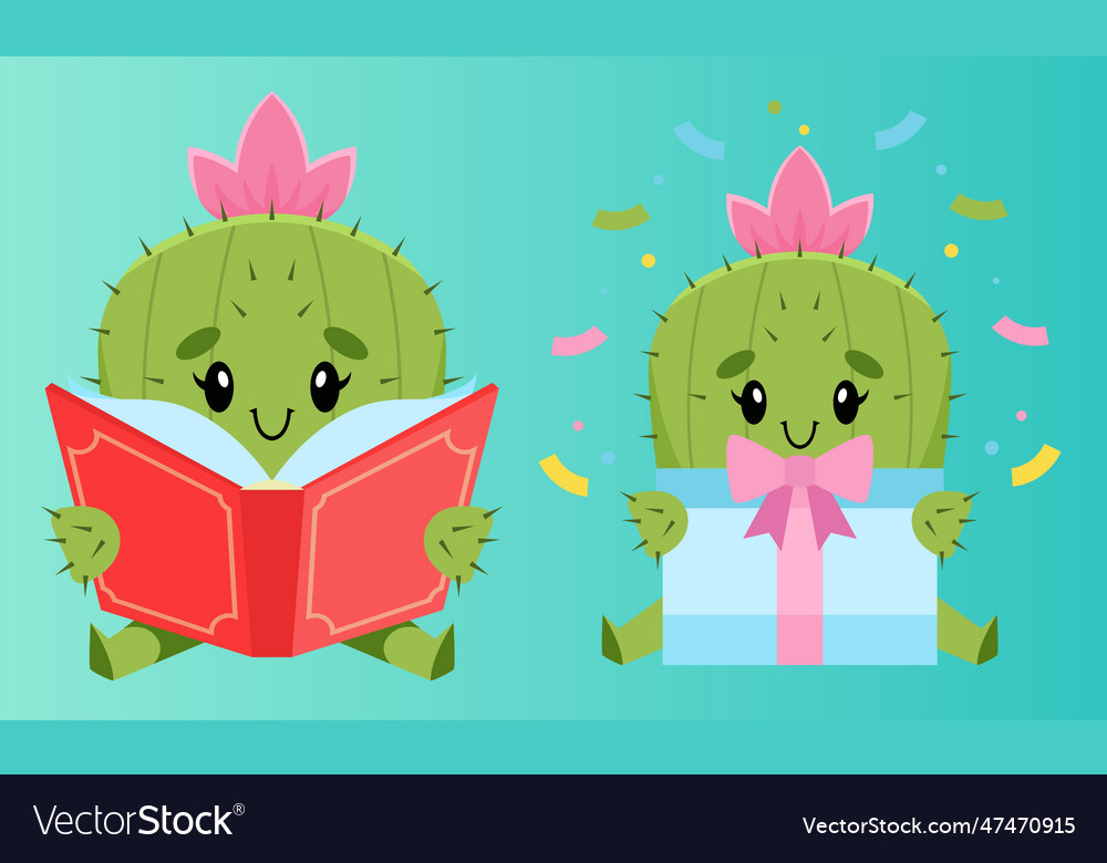 Set of cute handdrawn cactuses reading book eating