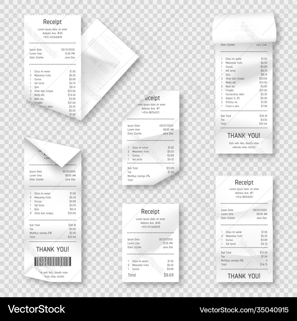 Set paper receipts isolated on background Vector Image