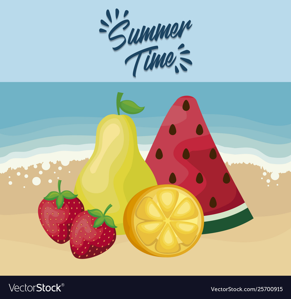 Summer beach poster with watermelon and fruits Vector Image