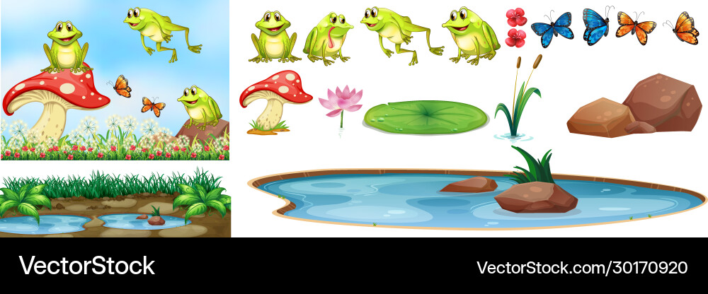Background scene with happy frogs in pond Vector Image