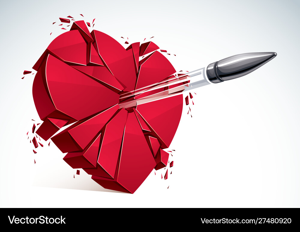 Heart broken with bullet gun shot 3d realistic Vector Image