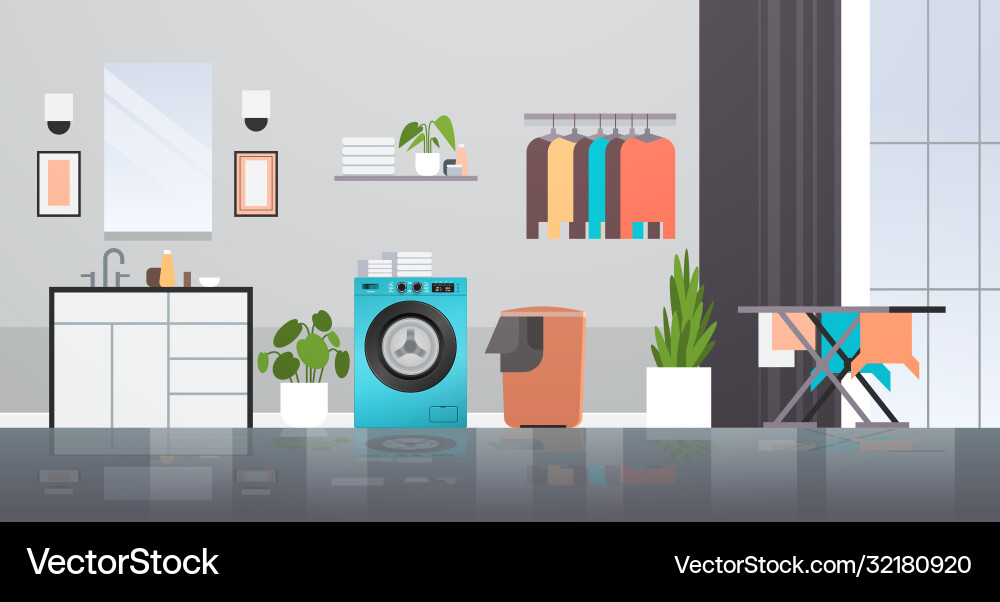 Laundry room with washing machine basket ironing Vector Image