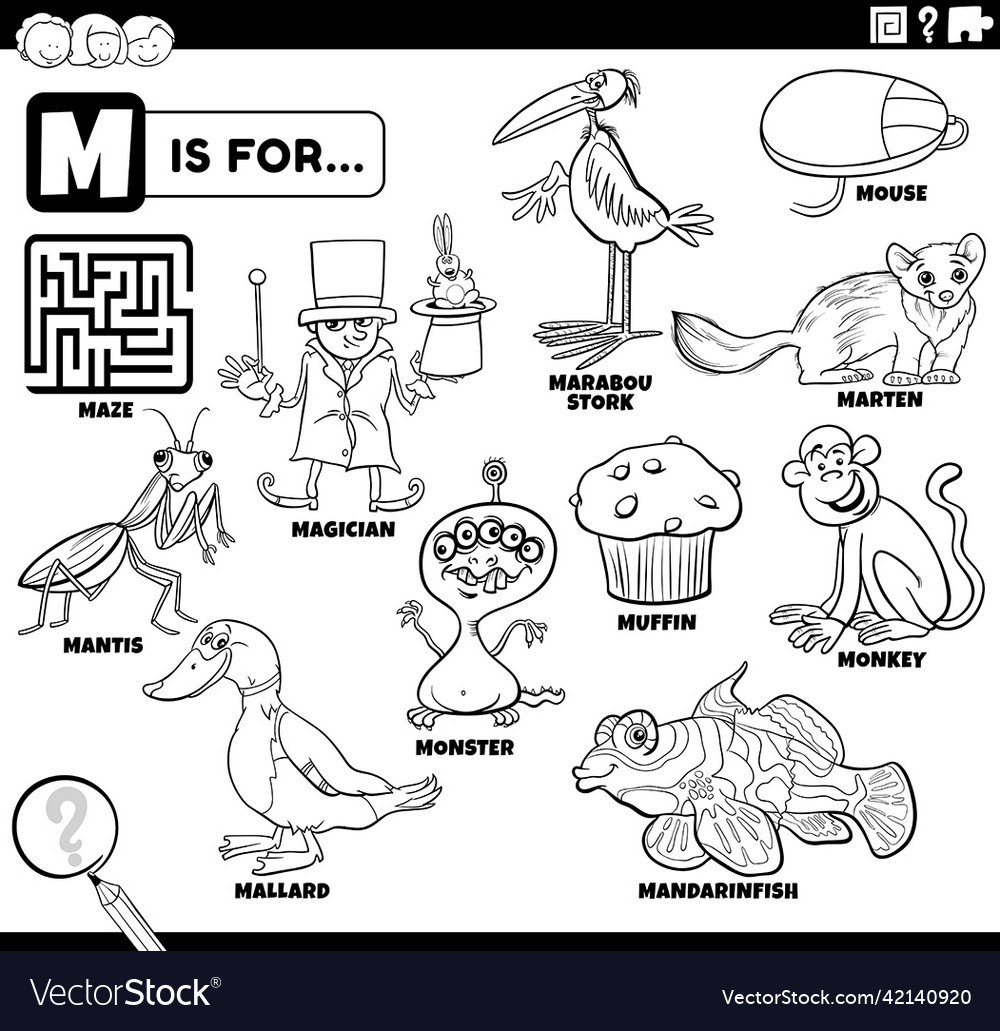 Letter m words educational set coloring book page Vector Image