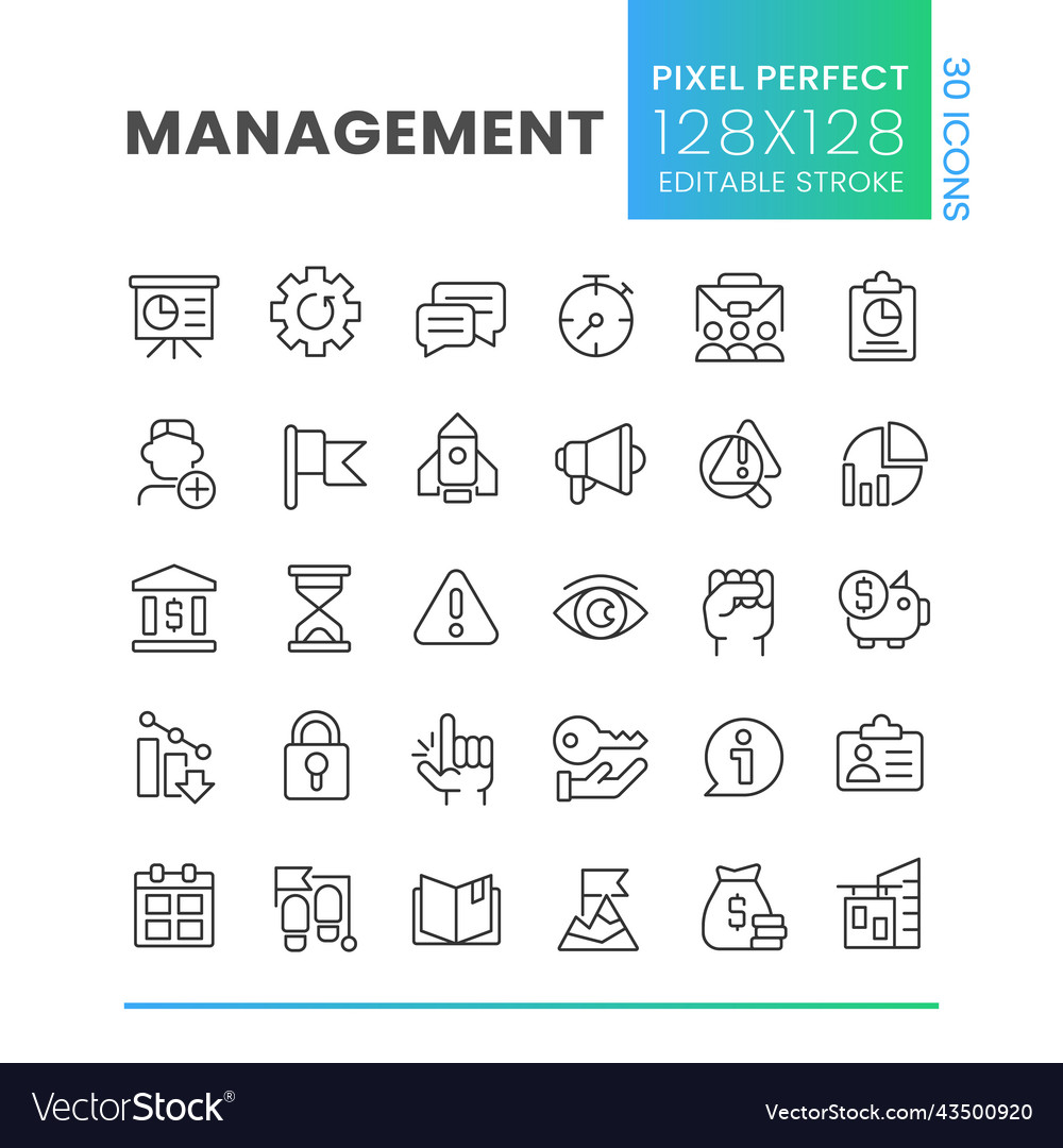 Management pixel perfect linear icons set Vector Image Management pixel perfect linear icons set Vector Image