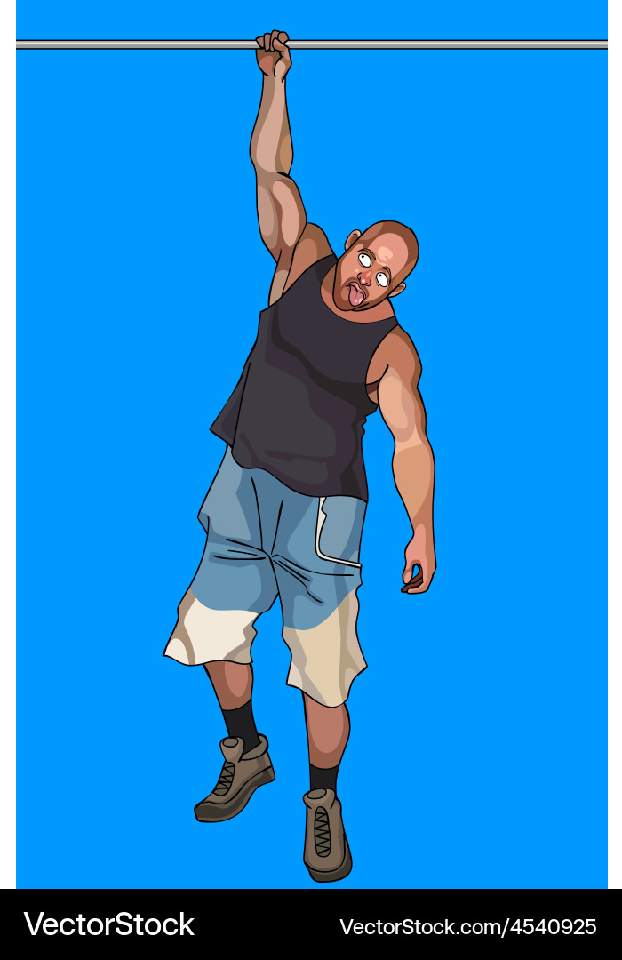 Cartoon man hangs on a crossbeam one hand Vector Image