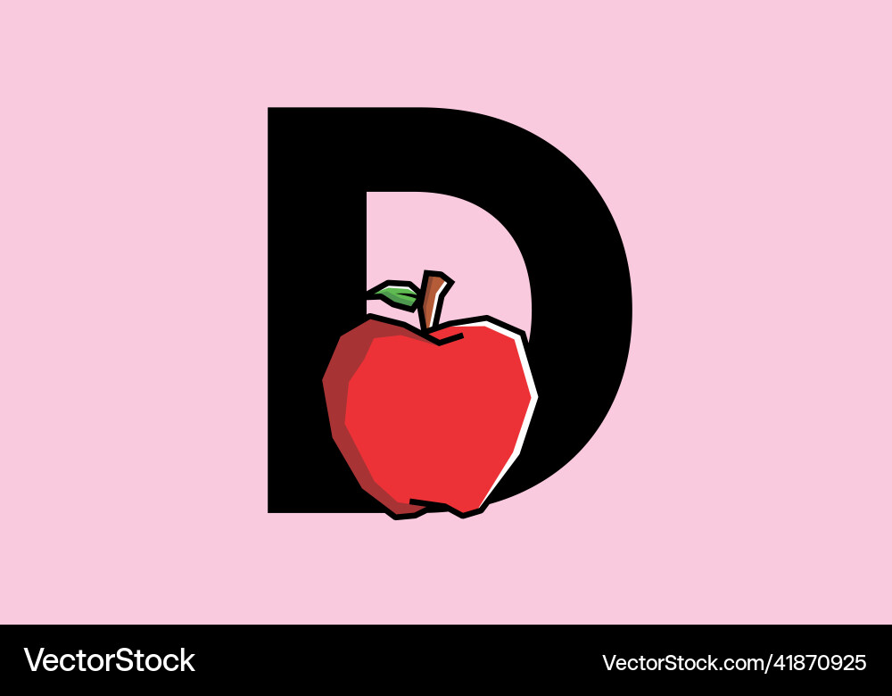 D initial letter with red apple in stiff art style