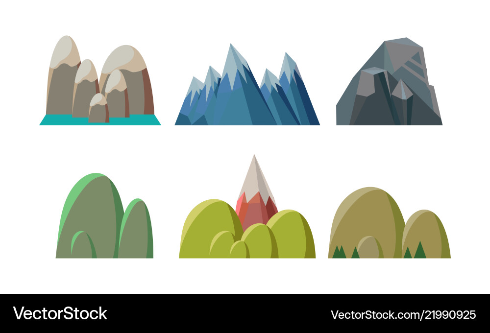 Flat set colorful hills and rocky Royalty Free Vector Image