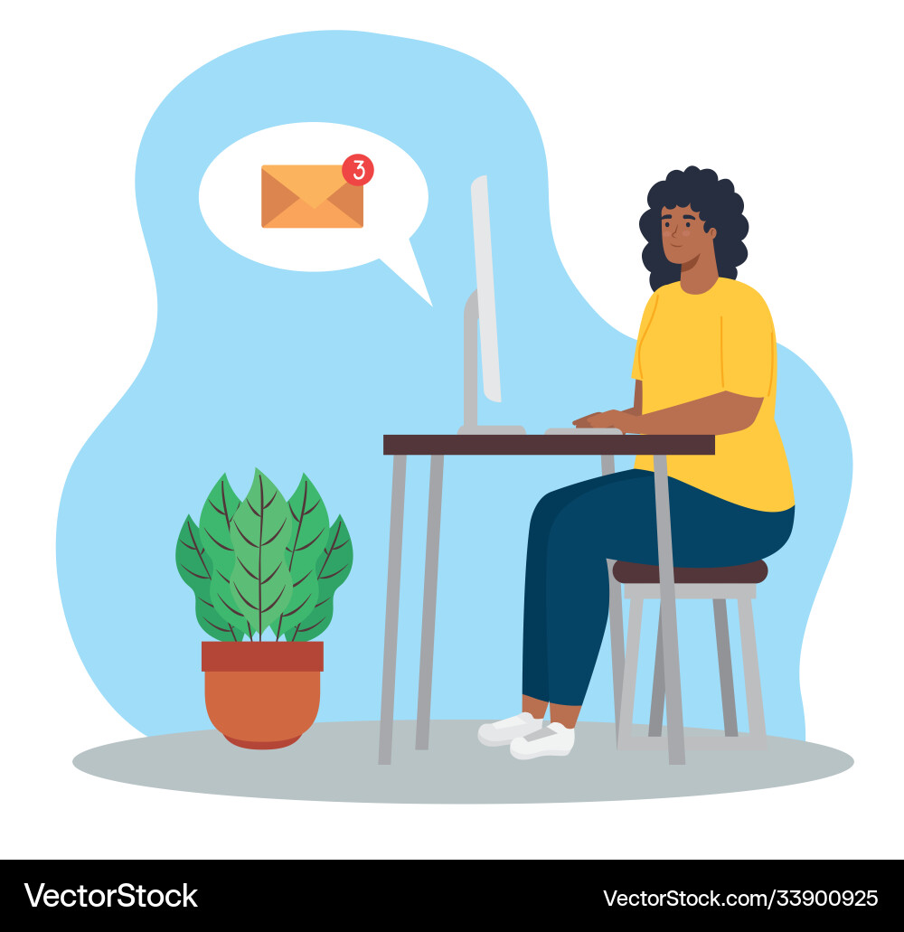 Telework woman afro with computer in desk Vector Image