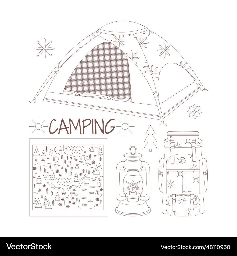 Camping and hiking set drawn elements tent Vector Image
